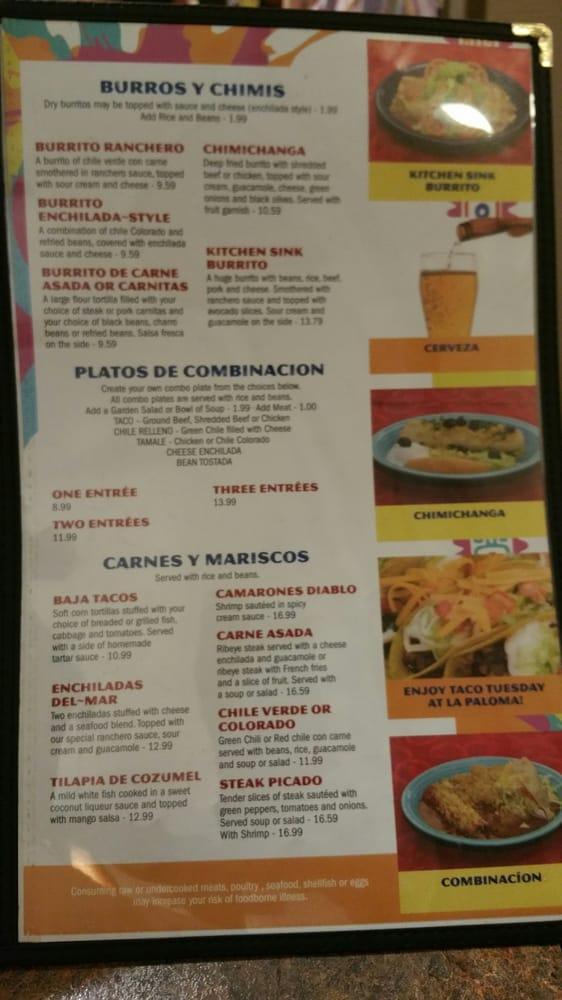 Menu at La Paloma Mexican Restaurant, La Verne