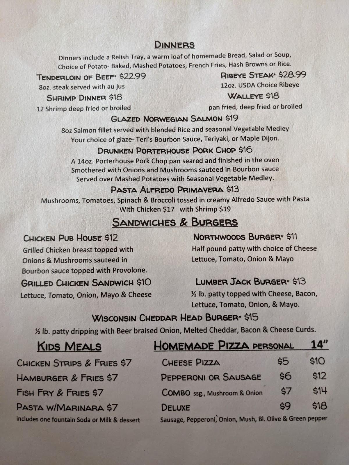 Menu at Northwoods Supper Club, Fifield, N14066 Flambeau Ave