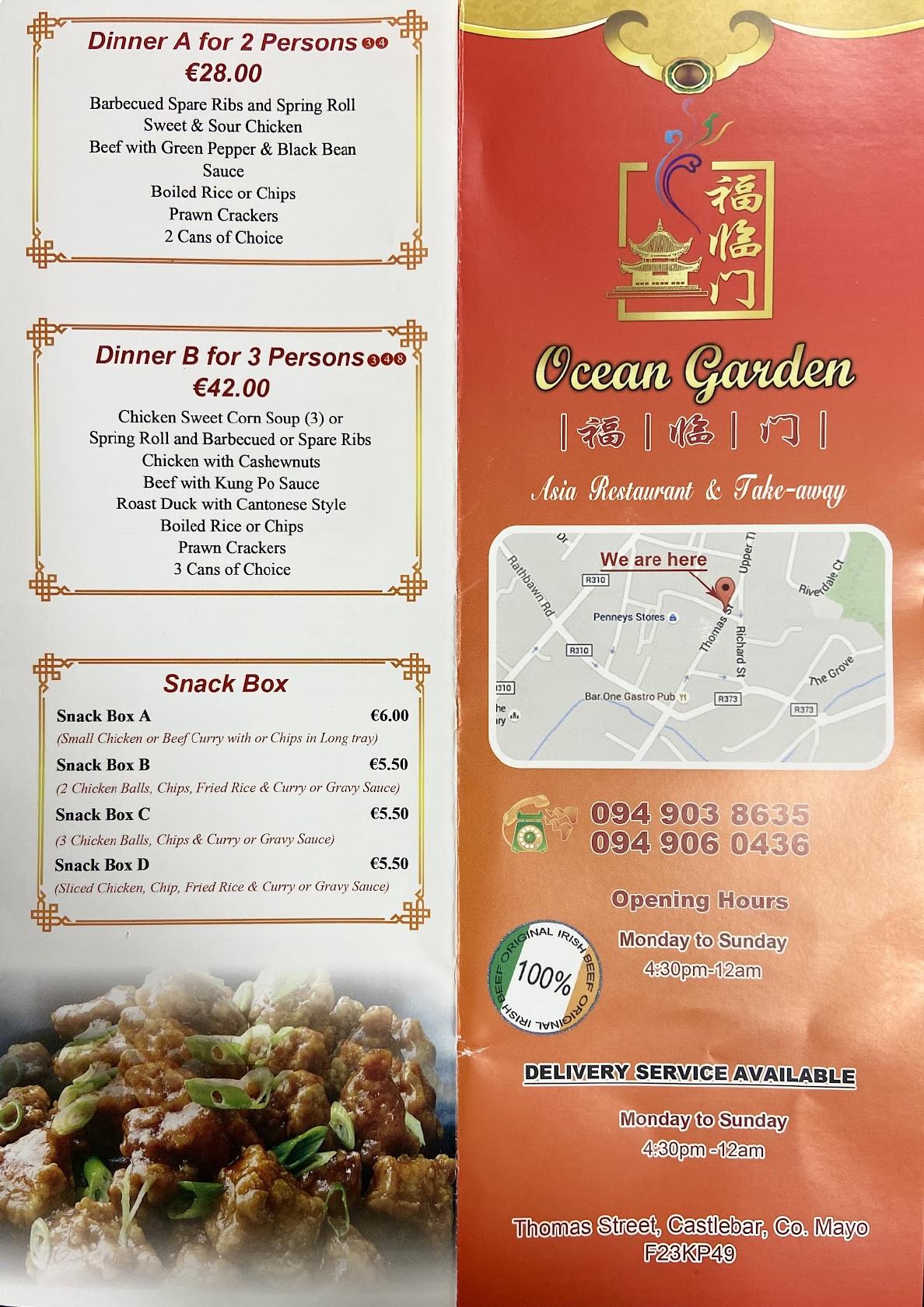 Menu at Ocean Garden restaurant, Castlebar