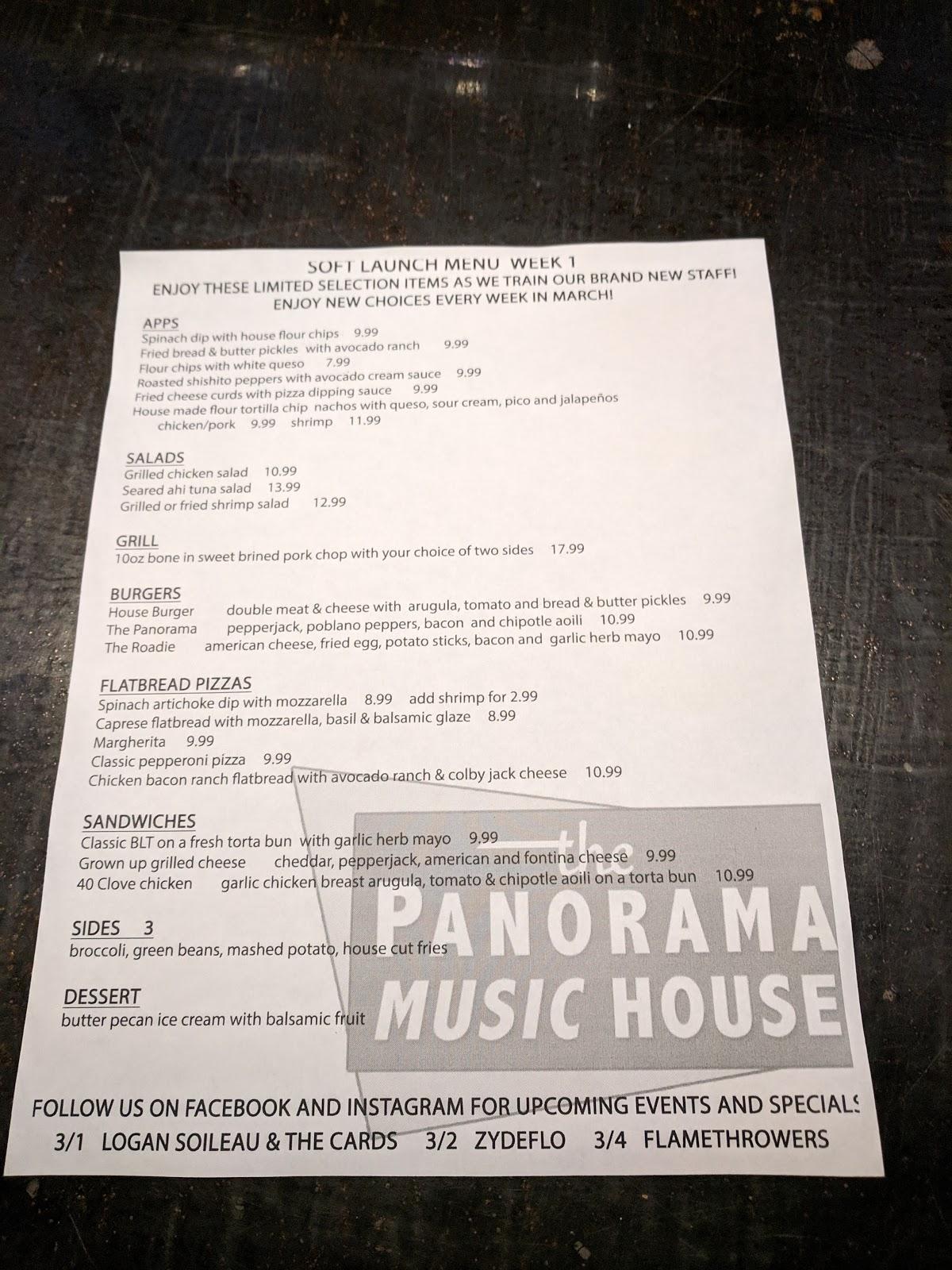 Carta del pub y bar Panorama Music House, Lake Charles