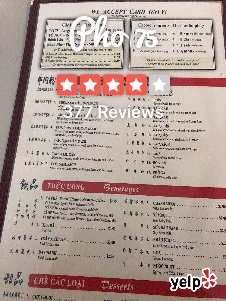 Menu at Pho 75 restaurant, Falls Church