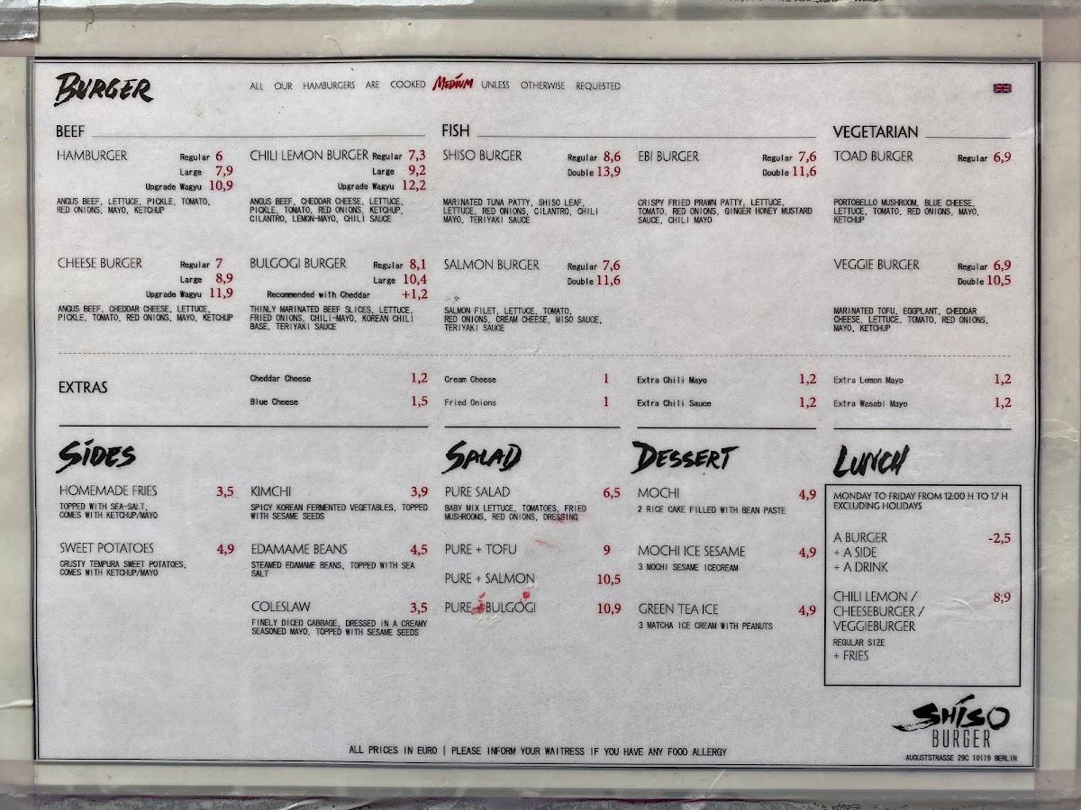 Menu at Shiso Burger restaurant, Berlin, Auguststraße 29C