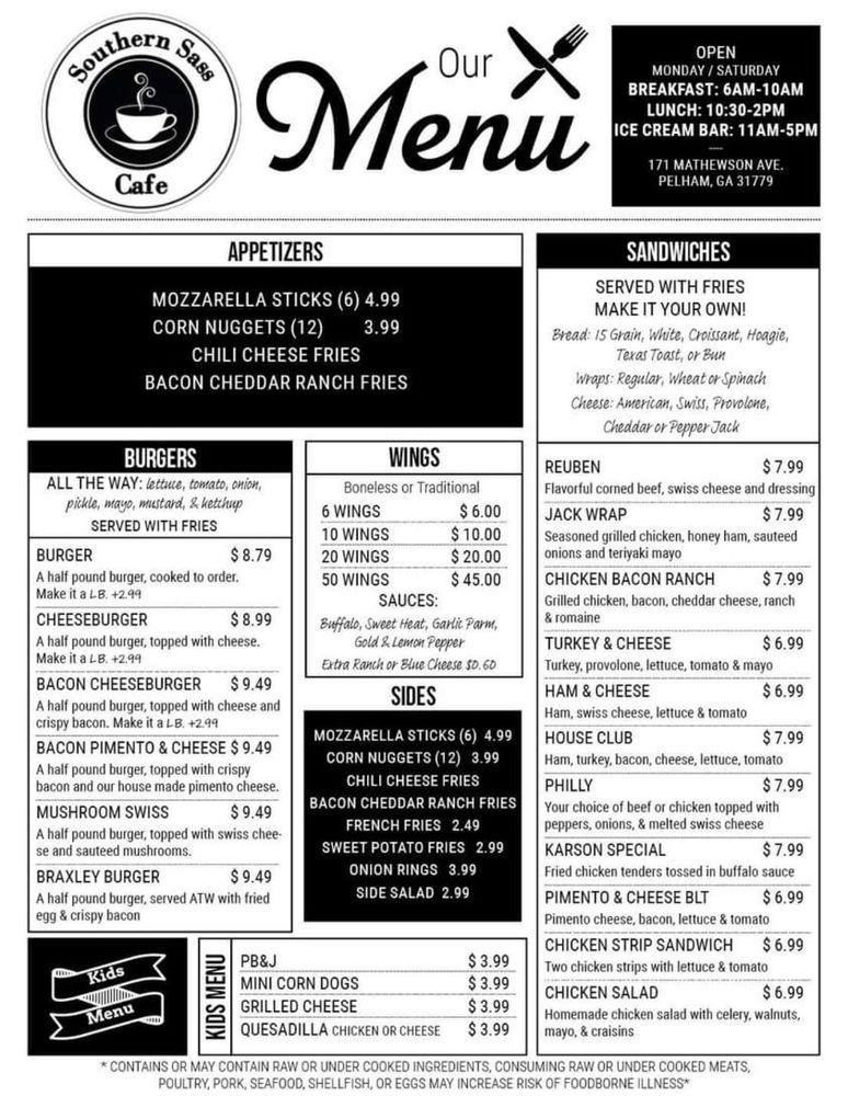 Menu at Southern Sass Cafe, Pelham