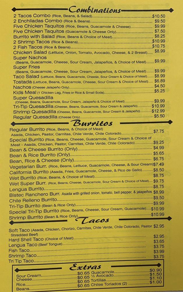 Menu at Taqueria Super Pollo restaurant, Salinas