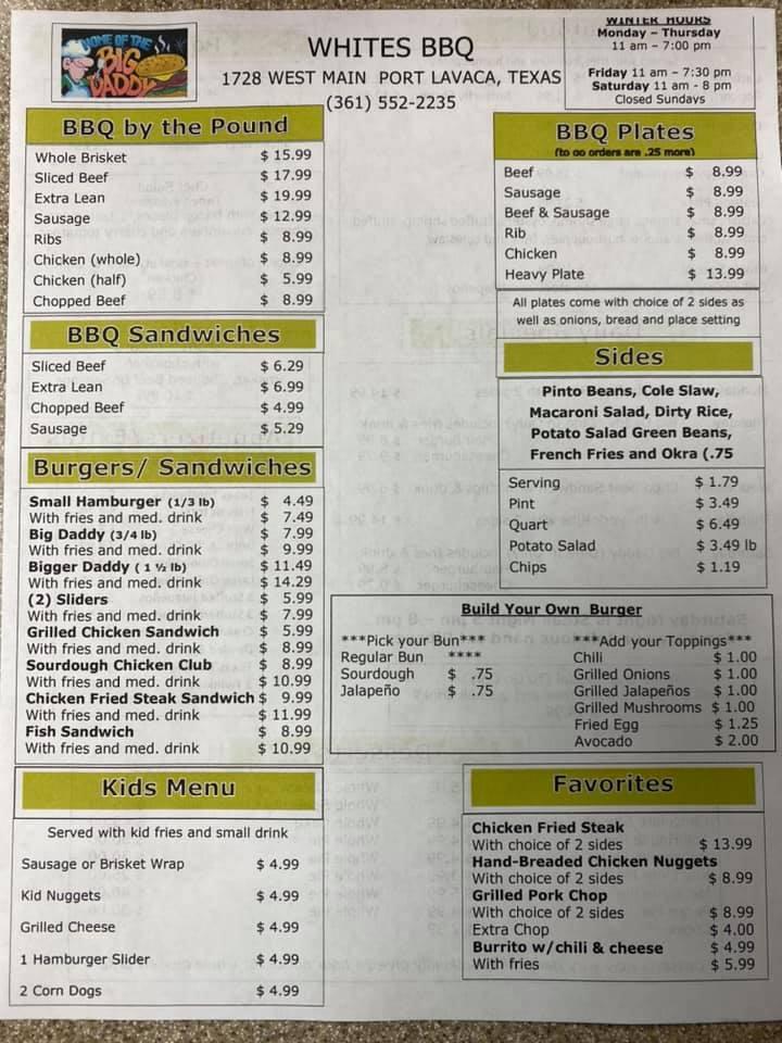 Menu at White's BBQ, Port Lavaca