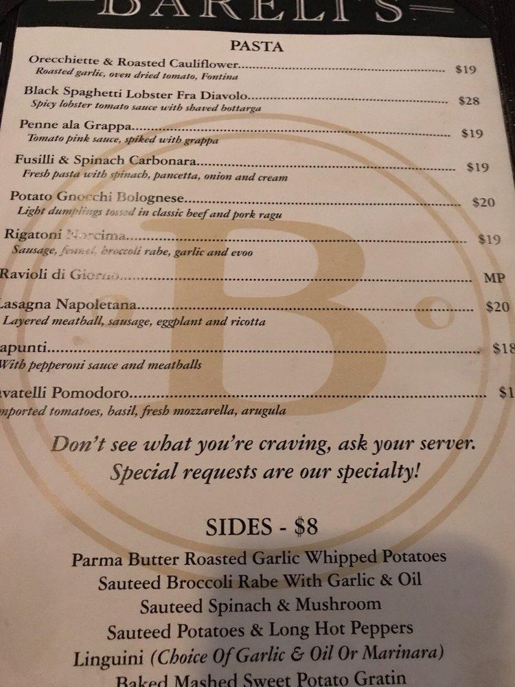 Menu at Bareli's Restaurant and Bar, Secaucus