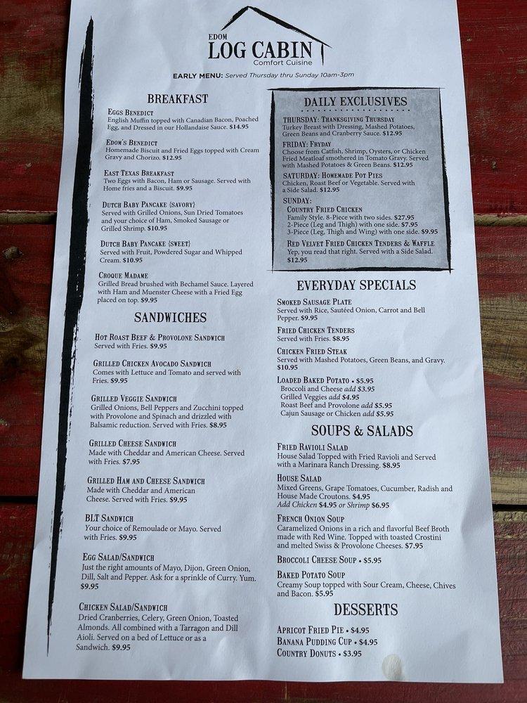 Menu at Edom Log Cabin ~ Comfort Cuisine restaurant, Edom