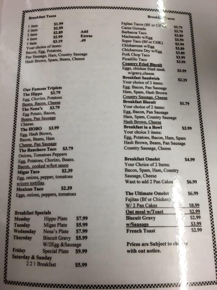 Menu at Nena's Mexican Restaurant, Clute