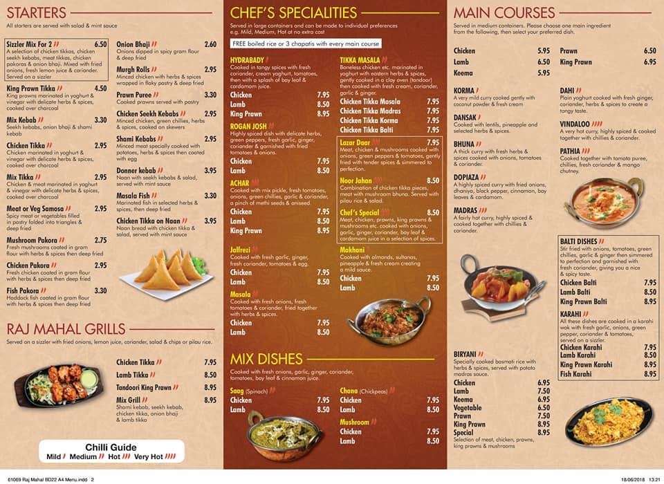 Menu at Raj Mahal restaurant, Keighley