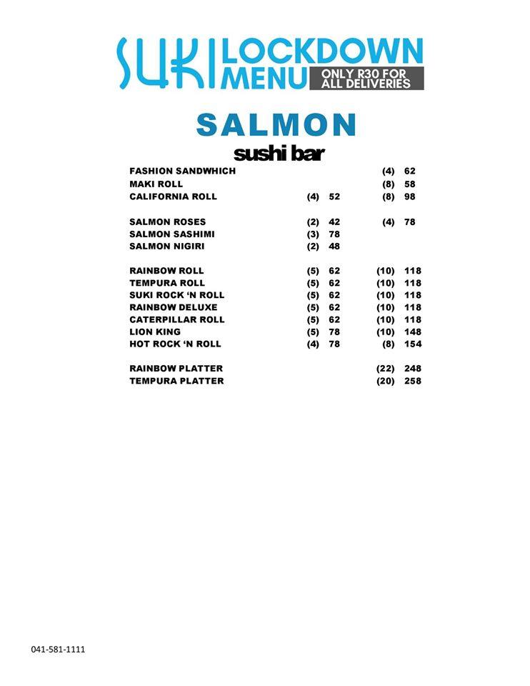 Menu at SUKI Sushi & Asian Cuisine restaurant, Port Elizabeth