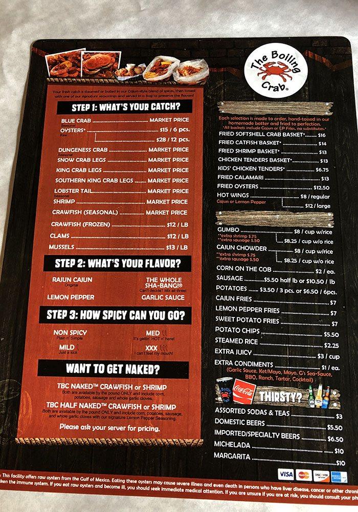 Menu at The Boiling Crab restaurant, Honolulu