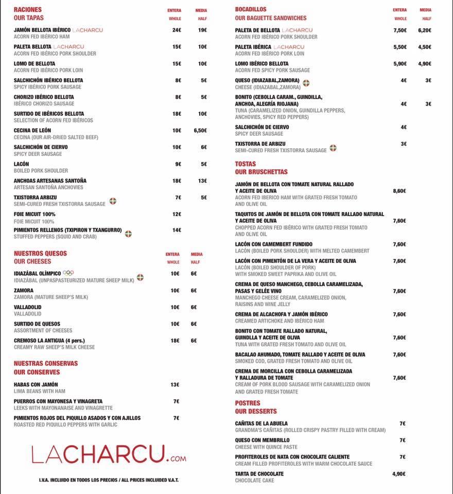 Menu at la charcu pub & bar, Bilbao