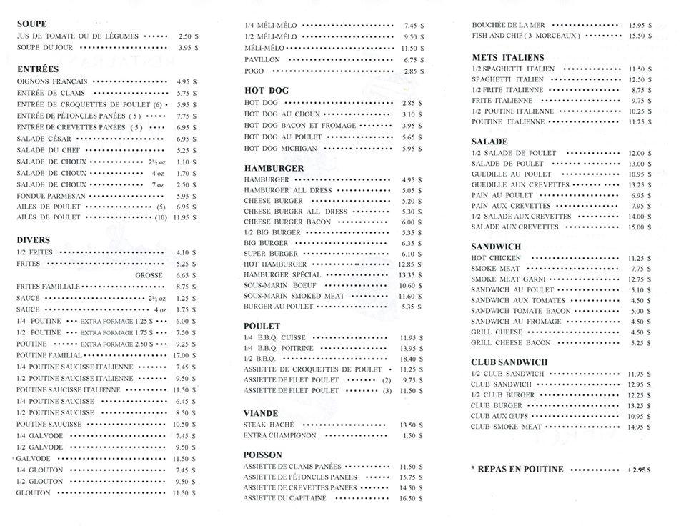 Menu at Chez Bergeron cafe, Bonaventure