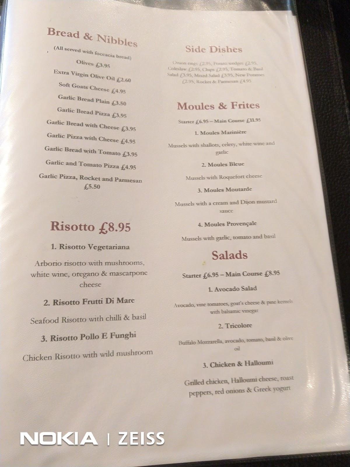 Menu at Chez Moi restaurant, Southport