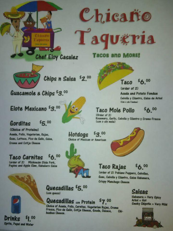 Menu at Chicano Taqueria, Miami