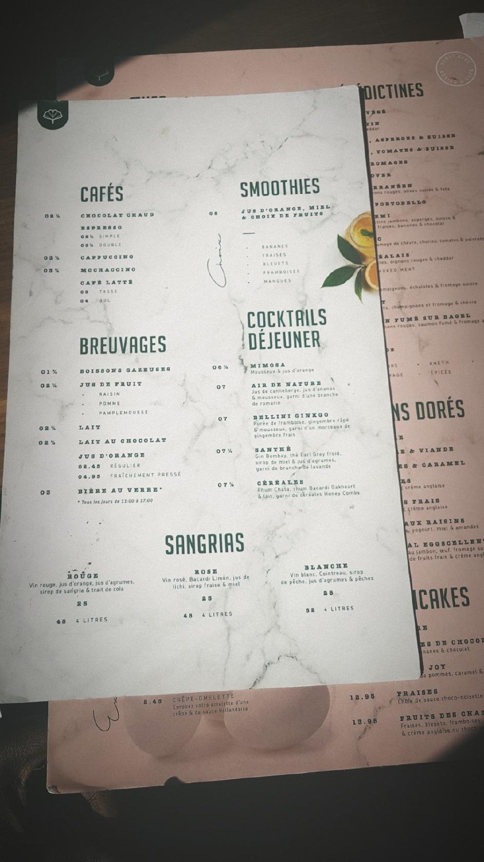 Menu at Ginkgo Café & Bar, Montréal