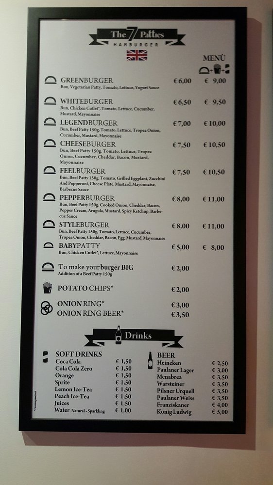 Menu at Patties restaurant, Taranto