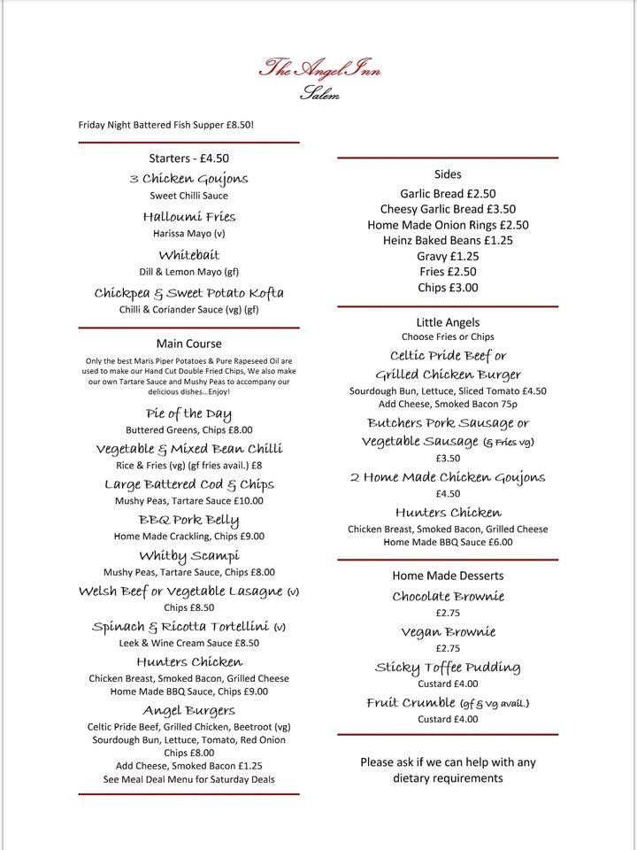 Menu at The Angel Inn, Salem pub & bar, Llandeilo, Salem