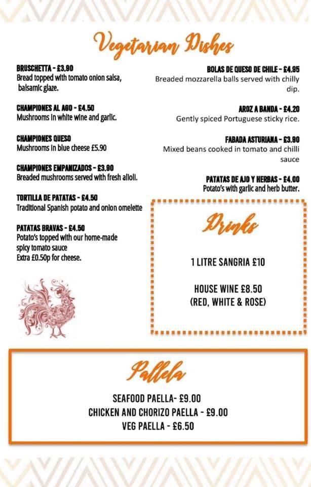 Menu at The Orange Tree Tapas restaurant, Manchester