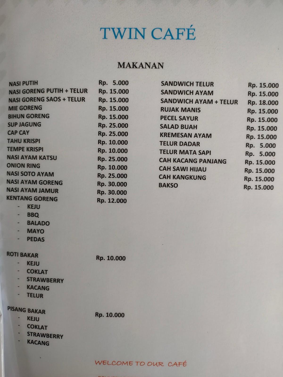 Menu at Twin Cafe, Indonesia