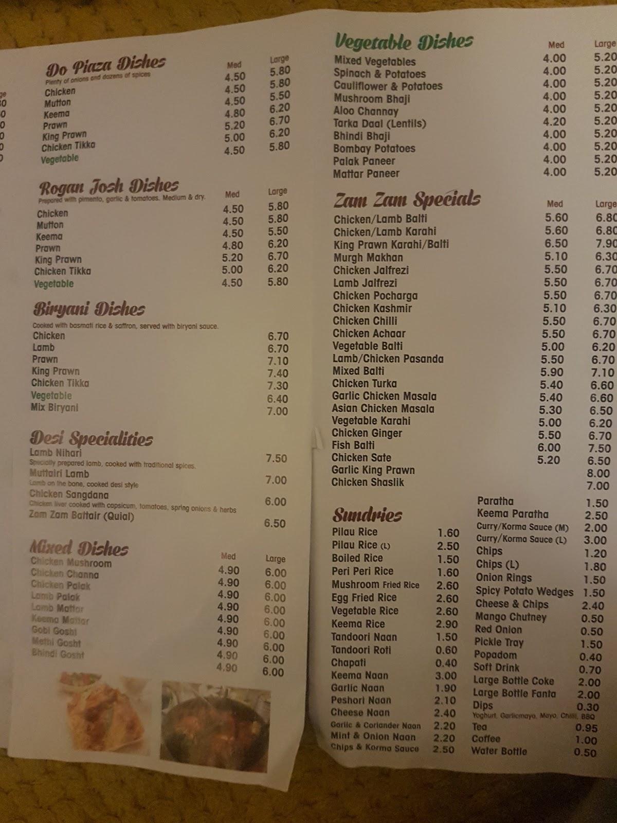 Menu at Zam Zam restaurant, Elland