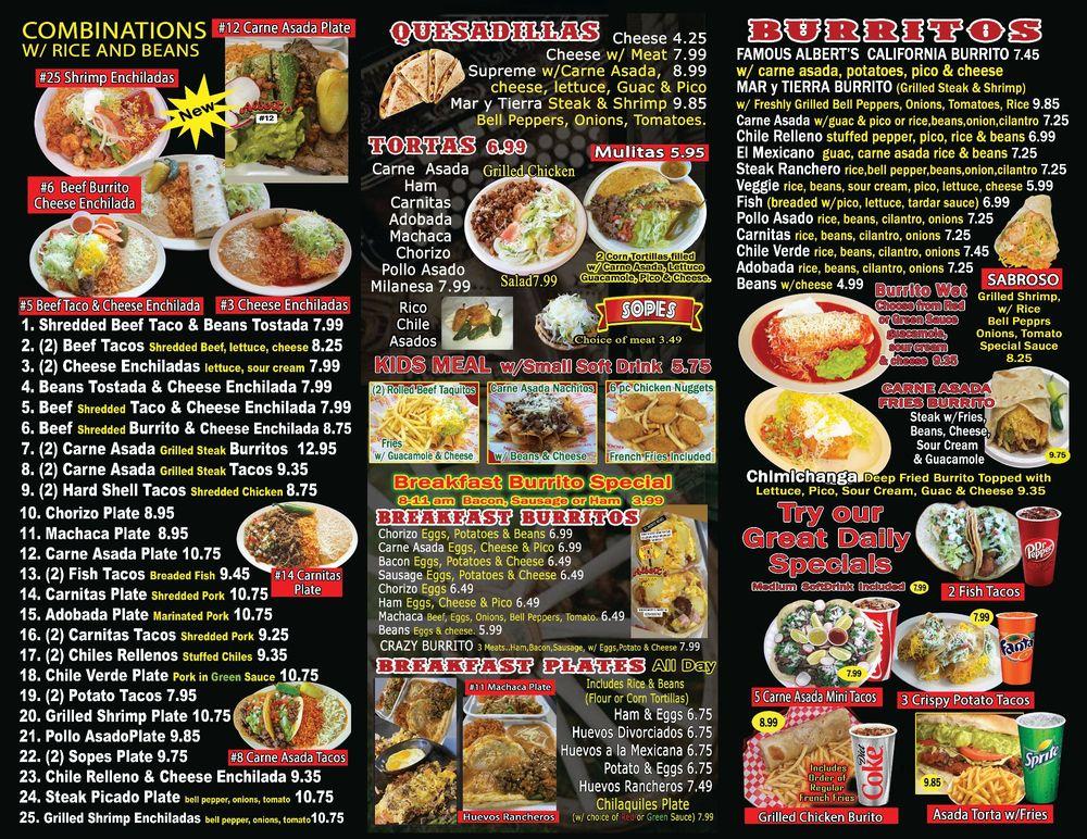 Menu at Albert’s Mexican Food restaurant, El Monte, Garvey Ave