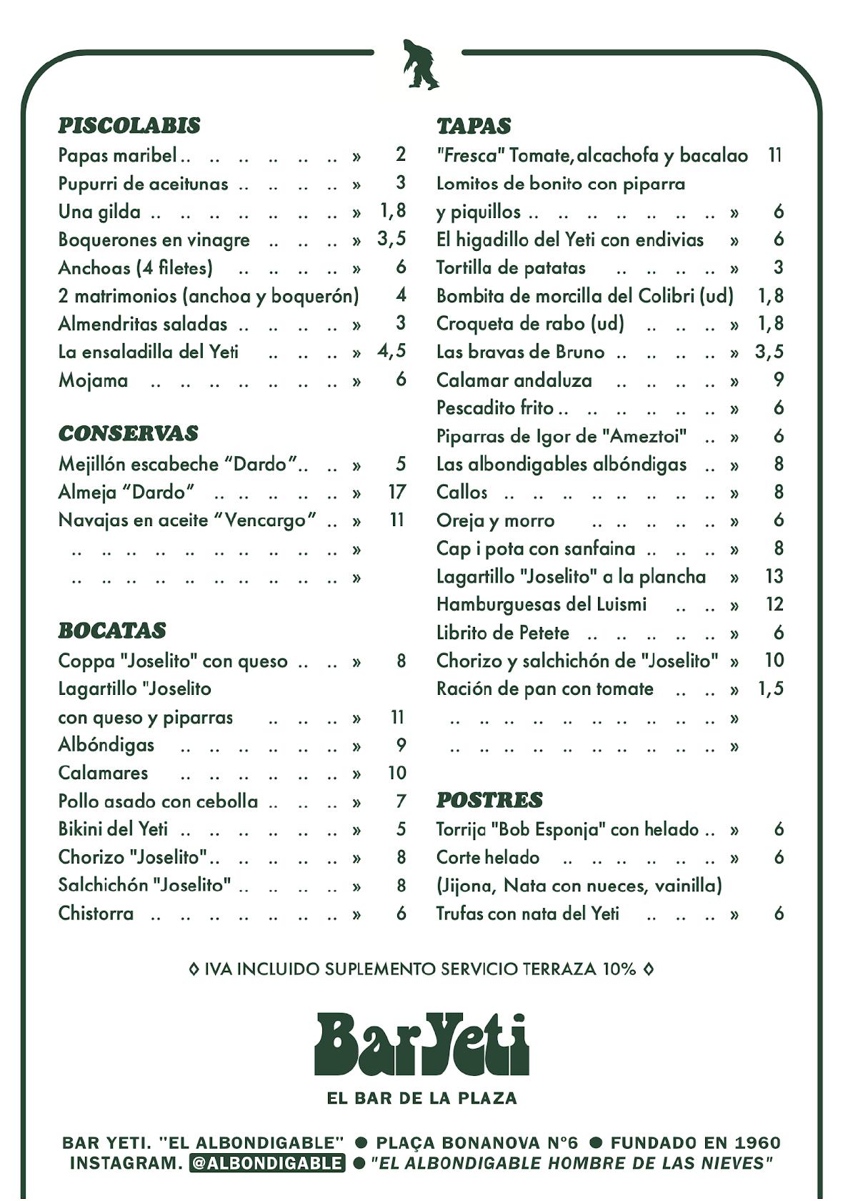 Menu at Bar Yeti "El albondigable", Barcelona