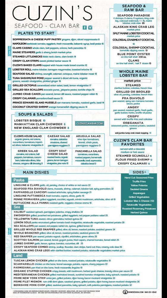 Menu at Cuzin's Seafood & Clam Bar, Marlboro Township