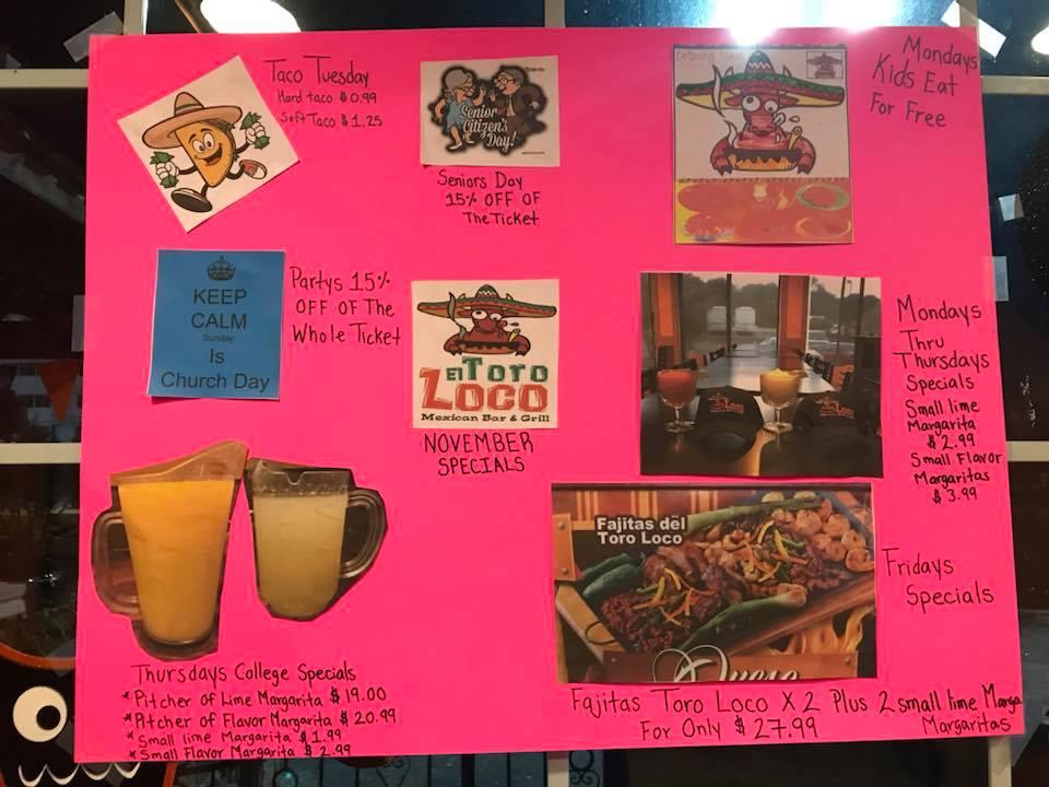 Menu at El Toro Loco restaurant, Memphis, Poplar Ave
