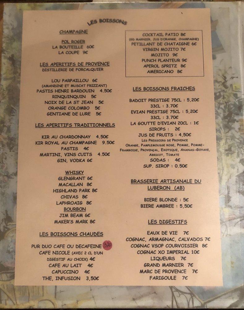 Menu at Le Patio restaurant, Aix-en-Provence, 16 Rue Victor Leydet