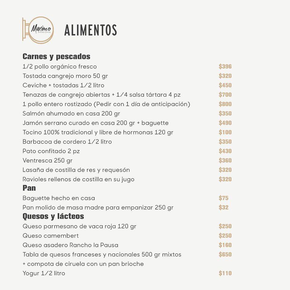 Menu at Maximo Bistrot restaurant, Mexico City, 65 Bis Calle Álvaro Obregón
