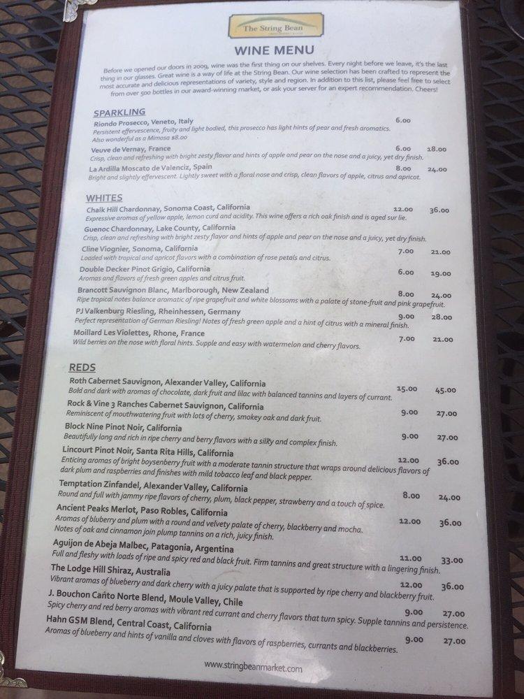 Menu at The String Bean restaurant, Belmont