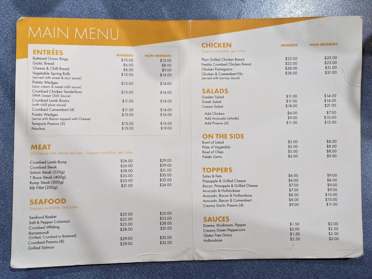 Menu at Charleville RSL Memorial Club, Charleville
