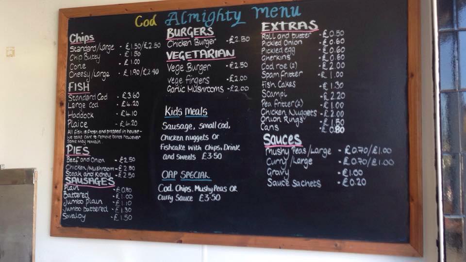 Menu at Cod Almighty restaurant, Paignton