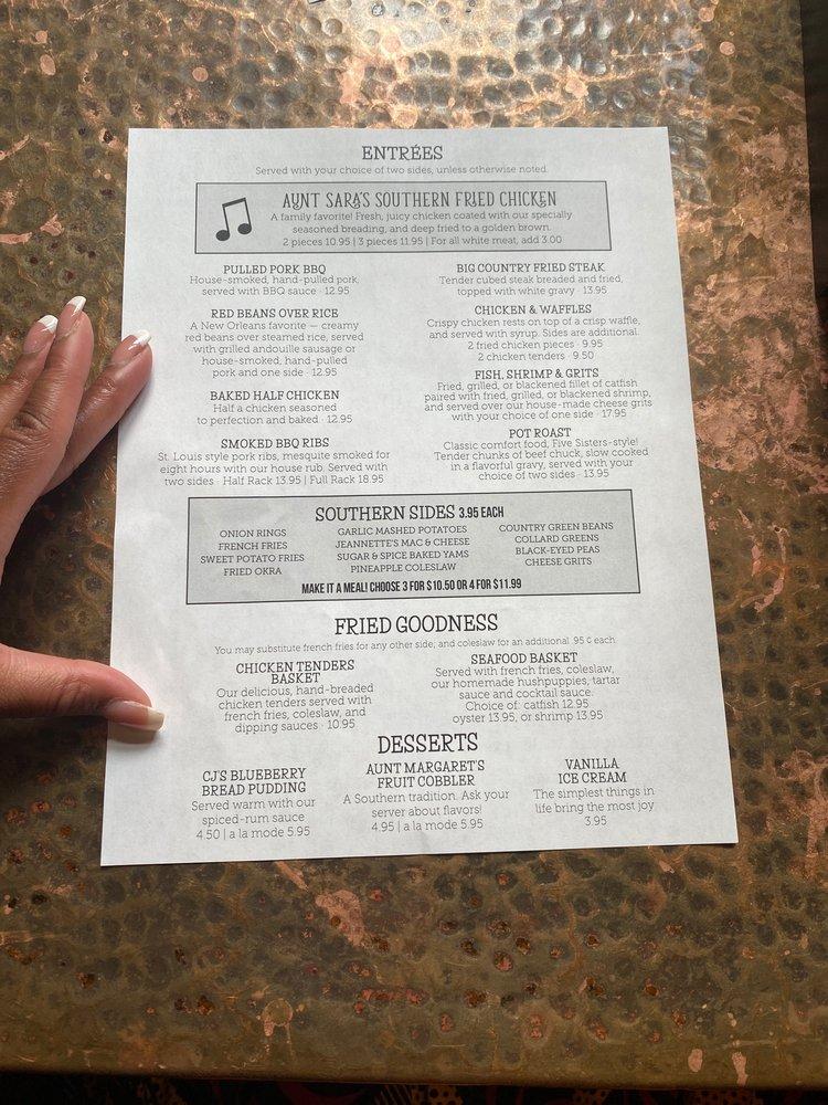 Menu at Five Sisters Blues Cafe, Pensacola