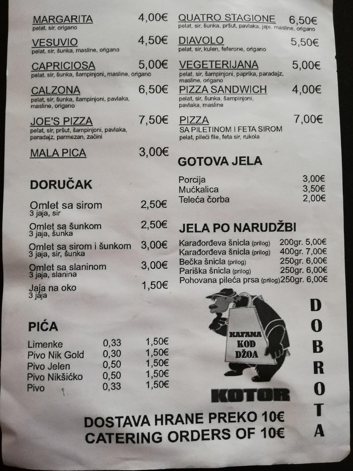Menu at Jedite Kod Dzoa restaurant, Kotor, Dobrota 76