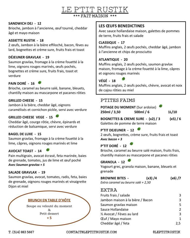 Menu au Le P'tit Rustik café, Montréal
