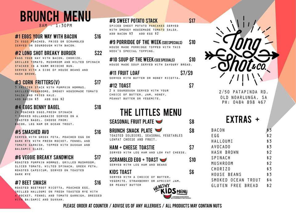 Menu at Long Shot & Co cafe, Old Noarlunga