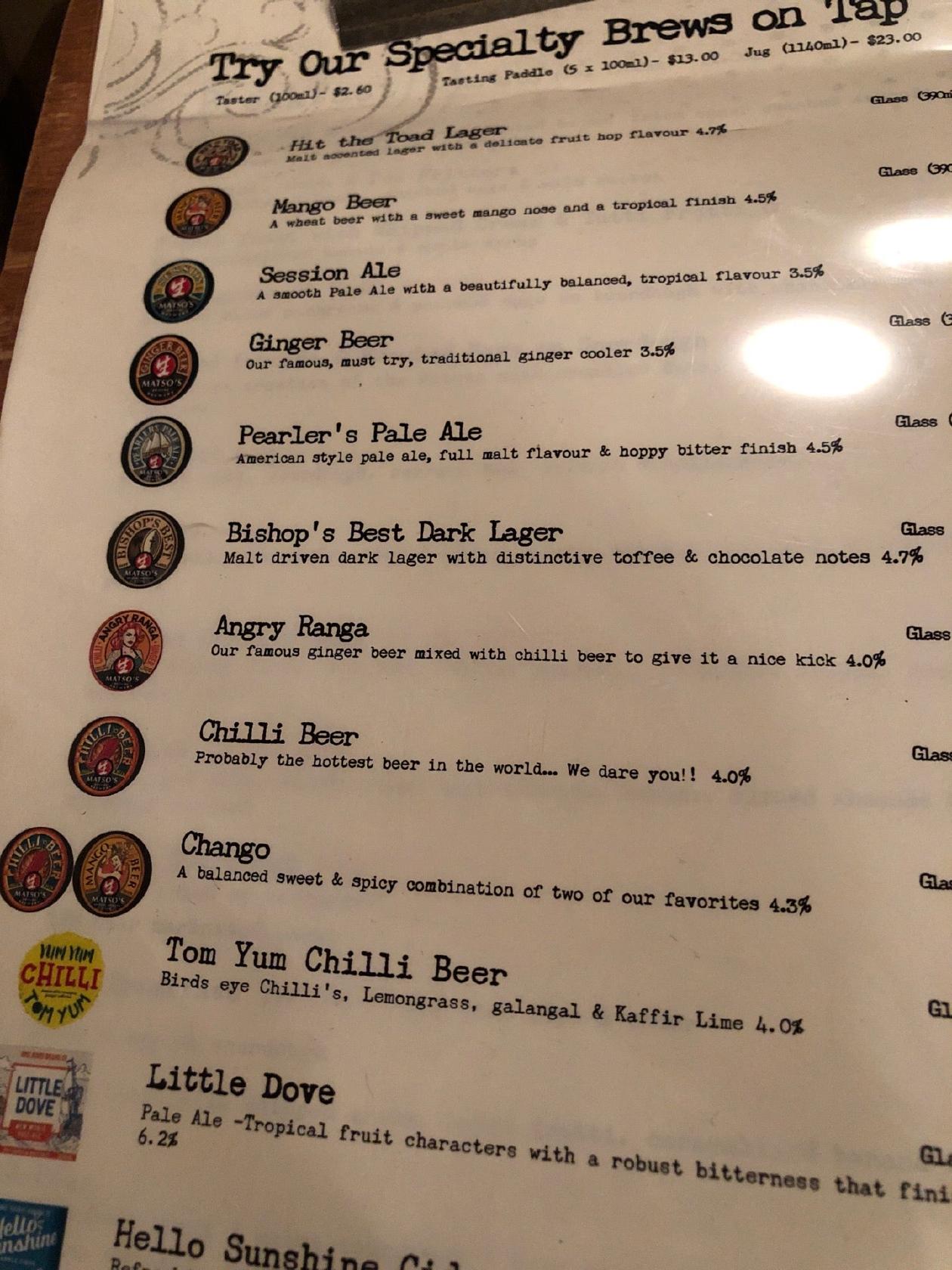 Menu at Matso's Broome Brewery restaurant, Broome, 60 Hamersley St