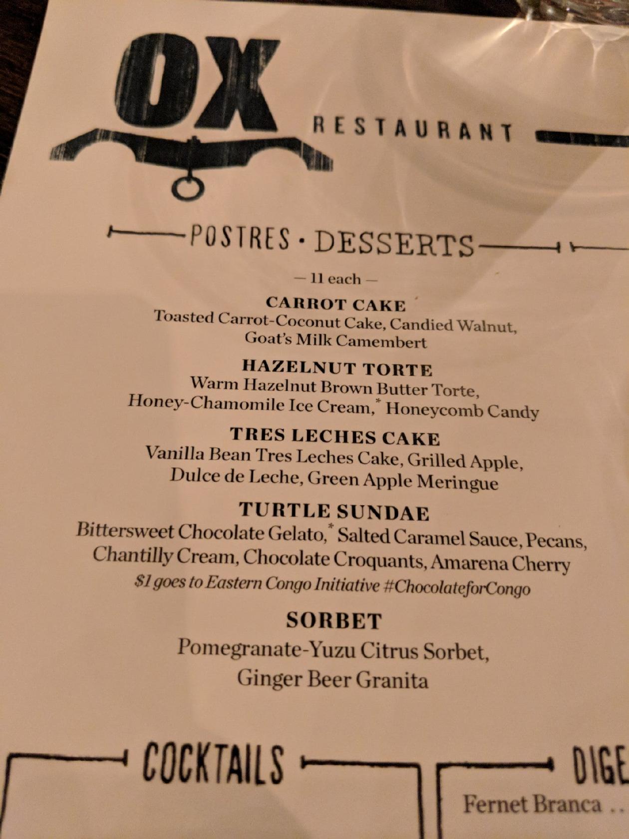 Menu at OX Restaurant, Portland