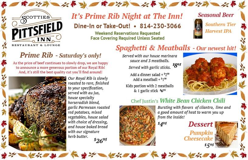 Menu at Scotties Pittsfield Inn restaurant, USA