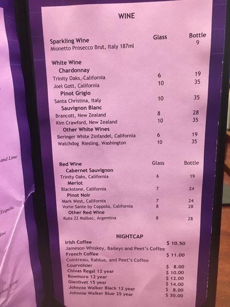 Menu at Skyline Lounge pub & bar, Cypress Gardens