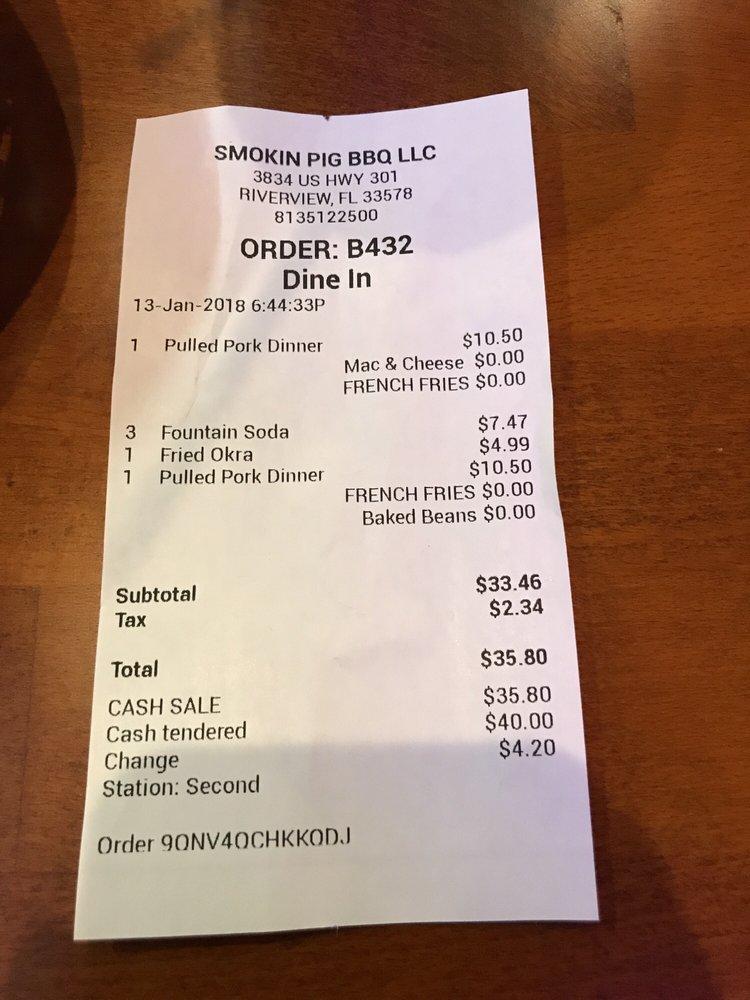 Menu at Smokin' Pig BBQ, Riverview, US-301