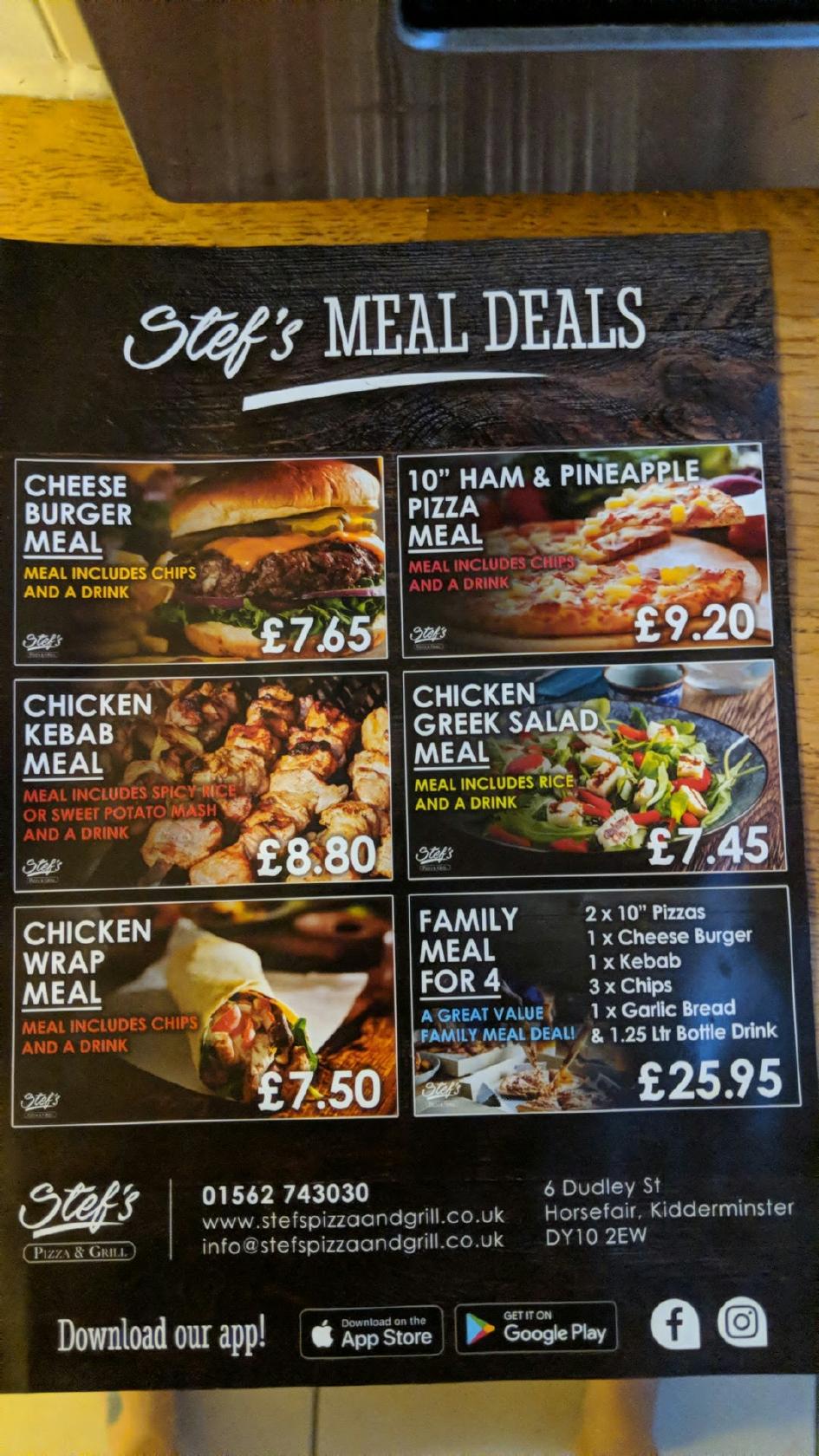 Menu at Stef's Pizza and Grill restaurant, Kidderminster