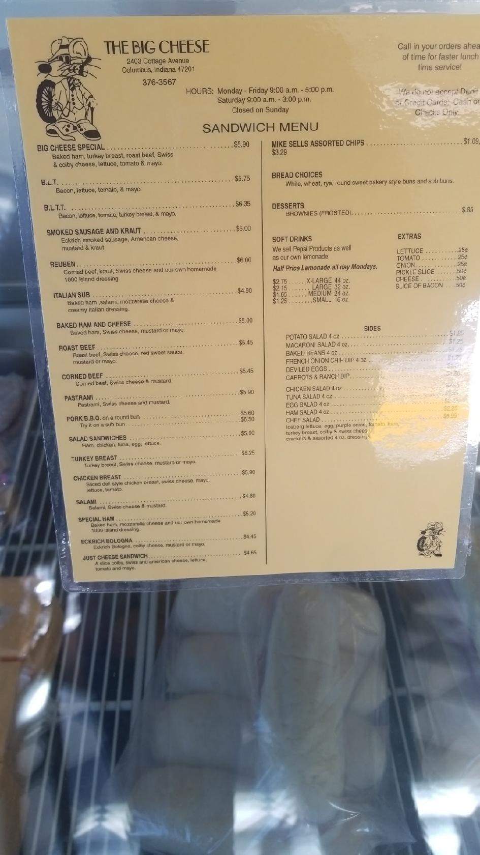 Menu at The Big Cheese restaurant, Columbus