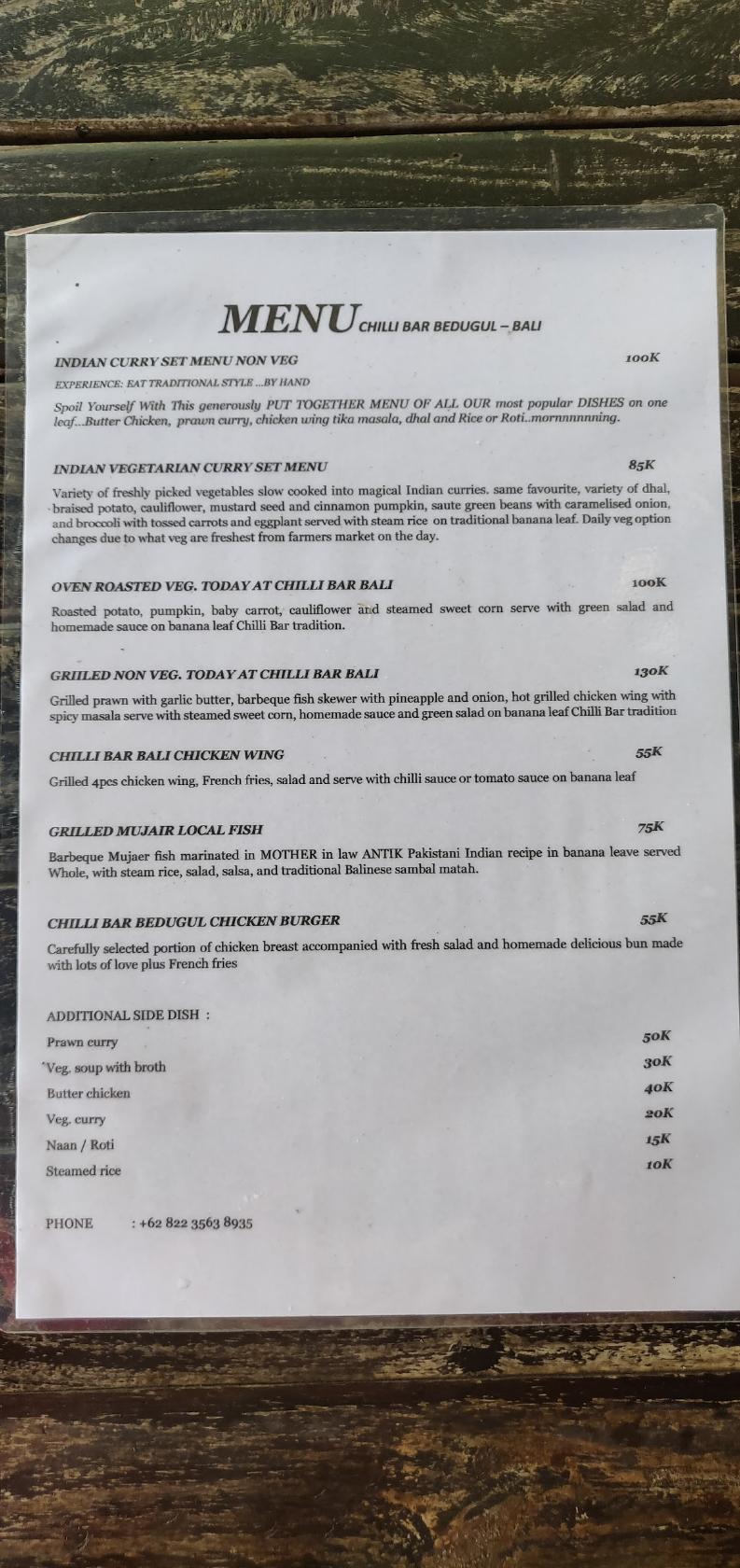 Menu at The Chilli Bar Indian food, Indonesia