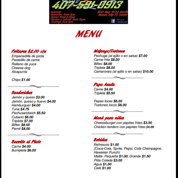 Menu at Tu Esquina Sabrosa restaurant, Haines City