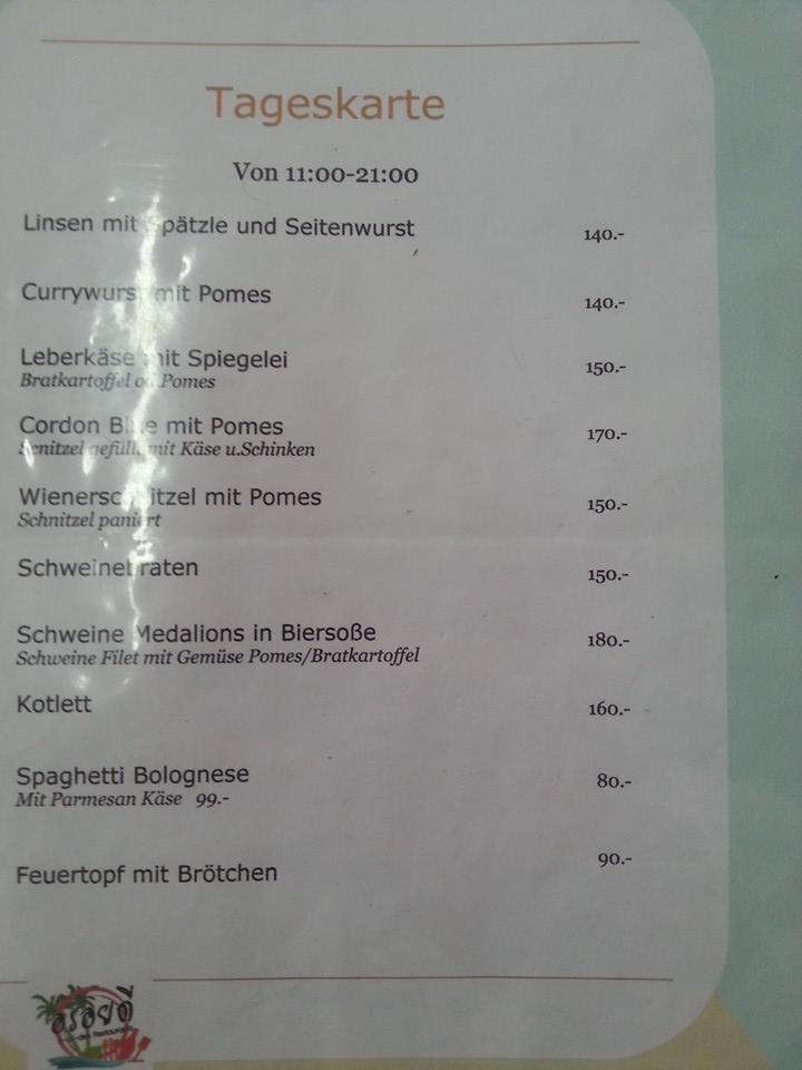 Menu at Aroi dee Thai German restaurant, Rayong