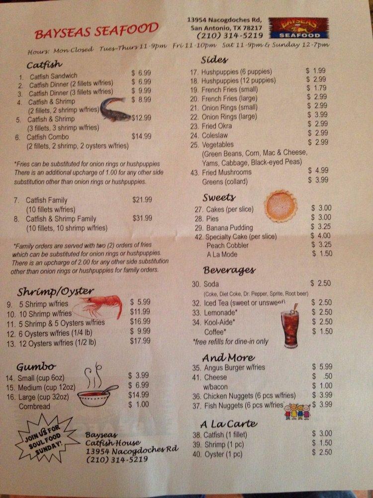 Menu at Bayseas Catfish House restaurant, San Antonio, Nacogdoches Rd