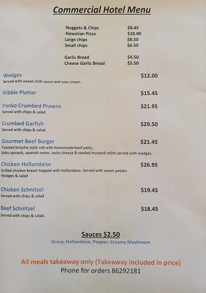 Menu at Commercial Hotel restaurant, Cowell